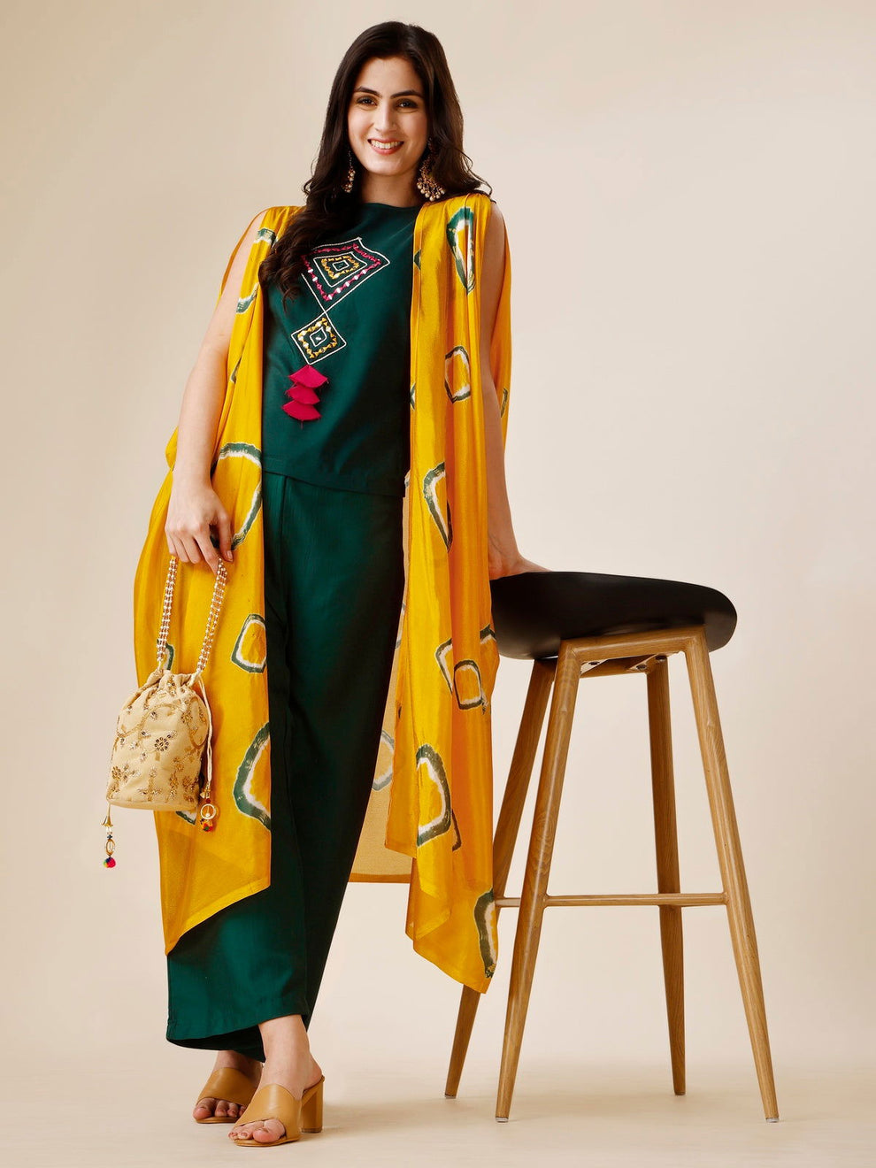 Green Silk Blend Top Palazzo Jacket Set